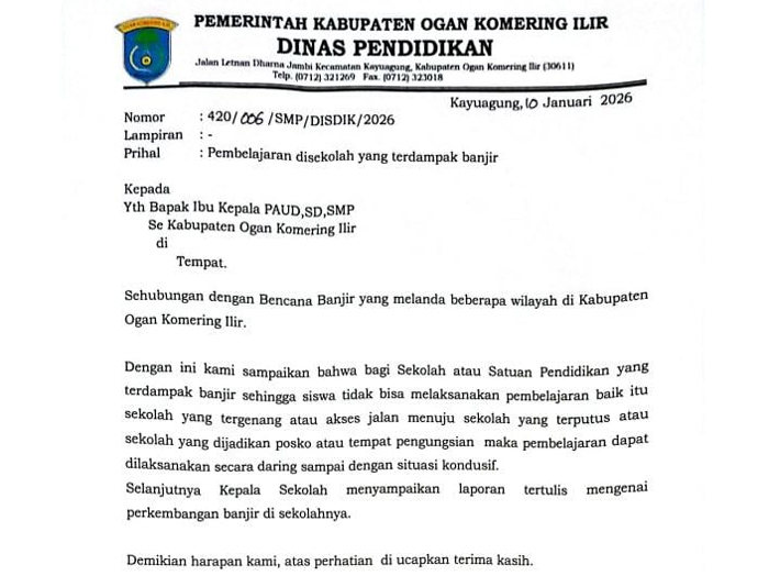 Terdampak Banjir, Disdik OKI Surat Edaran Terkait Pembelajaran Di ...